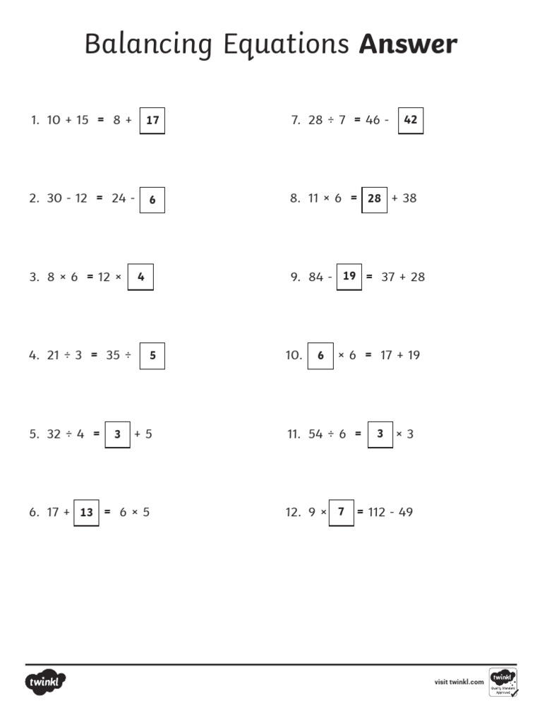 Answers Balancing Algebraic Equations Activity | PDF