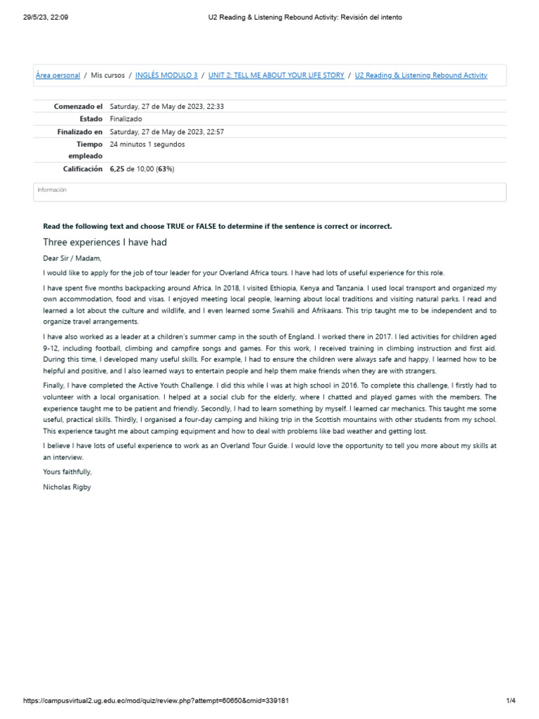 U2 Reading & Listening Rebound Activity - Revisión Del Intento | PDF