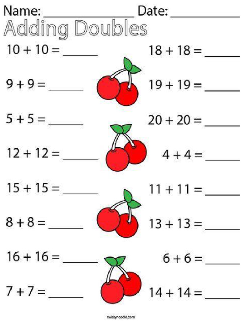 Adding Doubles To 20 Math Worksheet | PDF