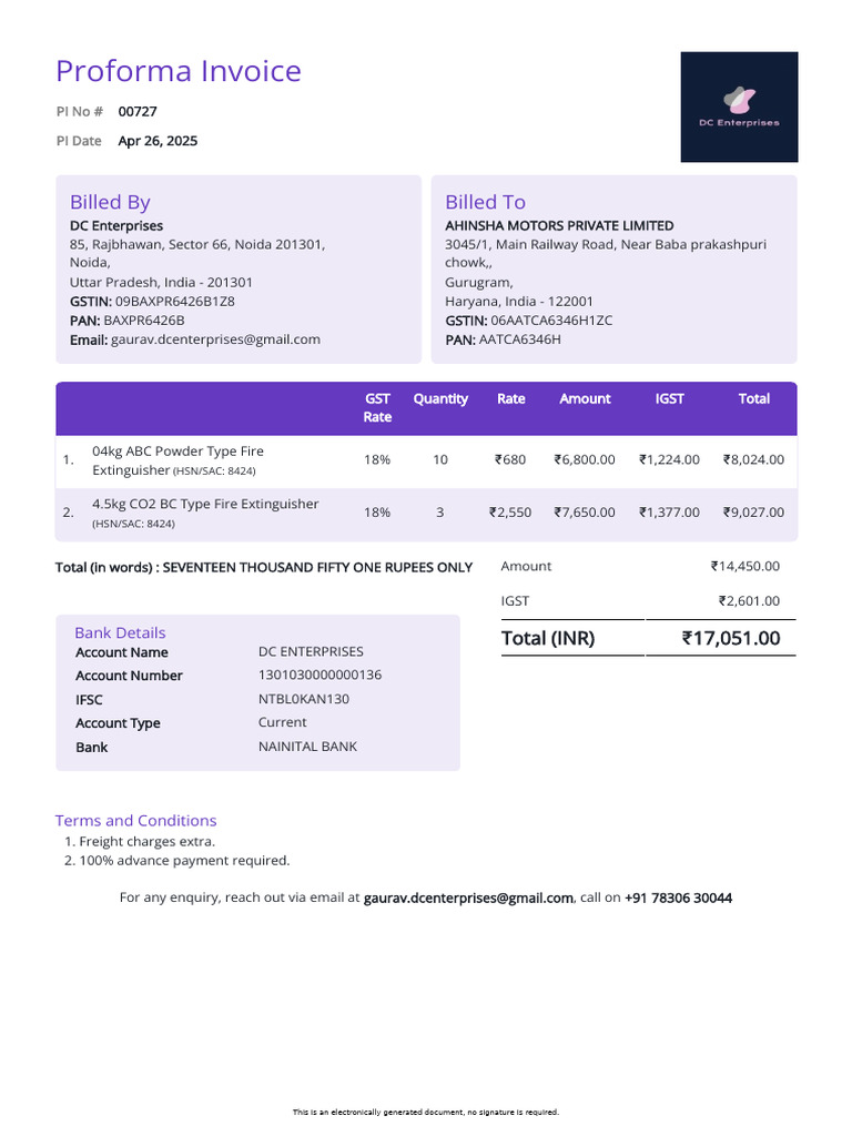 Proforma 00727 DC Enterprises Ahinsha Motors Private Limited | PDF ...