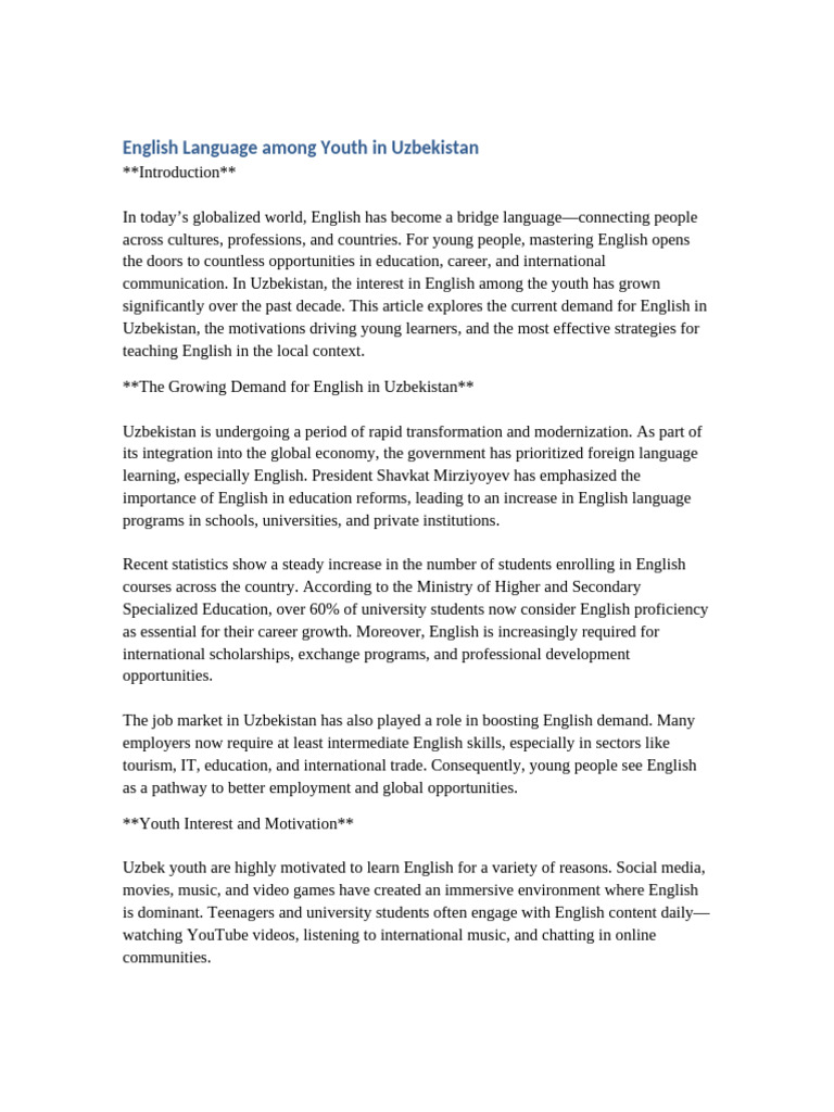 English Language Among Youth in Uzbekistan | PDF | Learning | Uzbekistan