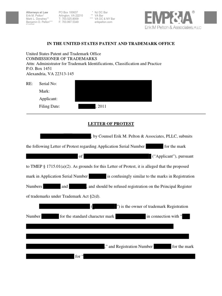Sample Trademark Letter of Protest | PDF | United States Patent And ...