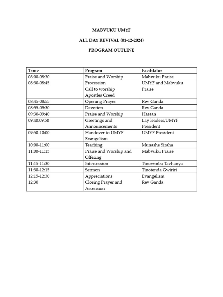 Mabvuku UMYF All Day Revival Program | PDF