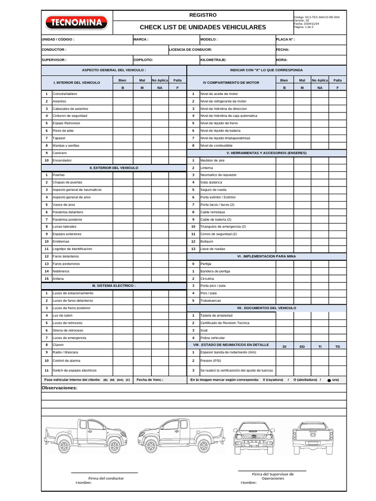 SCJ-TEC-MACO-RE-004 Check List Vehiculos V0.01 - Camioneta | PDF | Neumático | Vehículo de motor