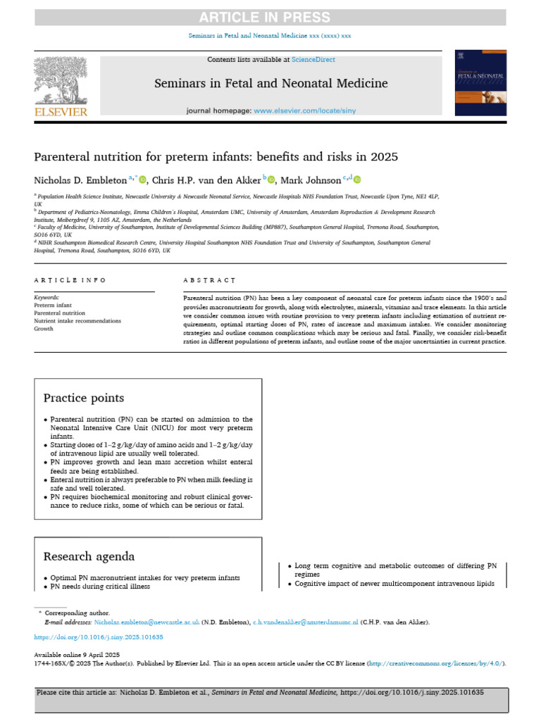 Parenteral Nutrition For Preterm Infants Benefits and Risks | PDF ...