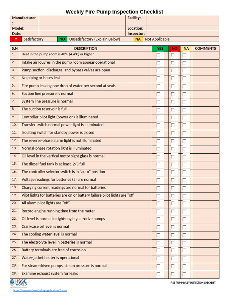 Fire Pump Inspection Checklist | PDF | Pump | Diesel Engine