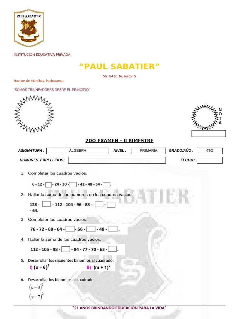 Algebra 4to Primaria | PDF