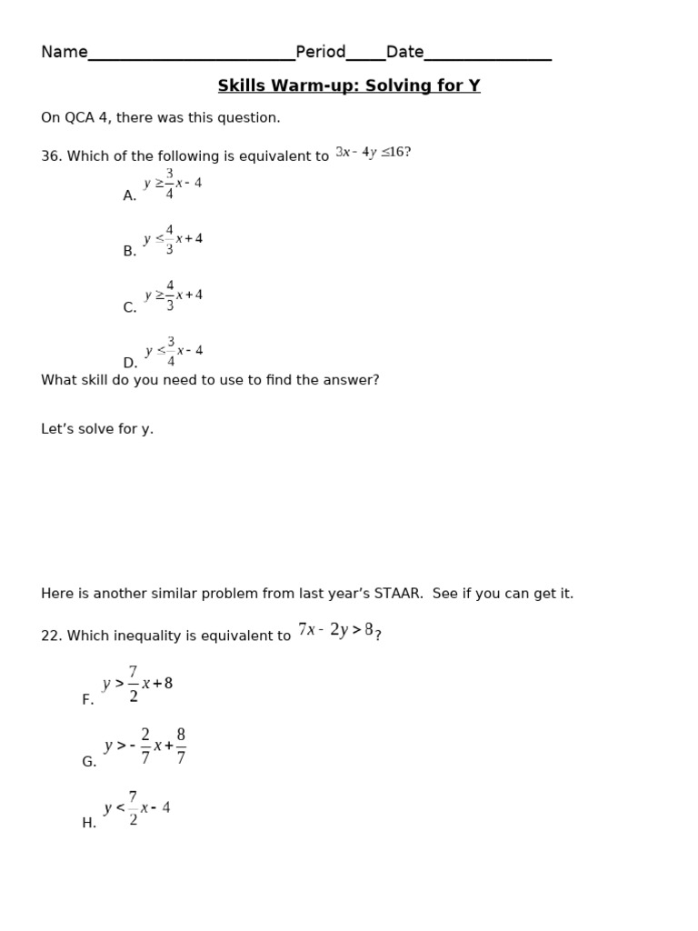 Algebra warm up, solving for y | PDF