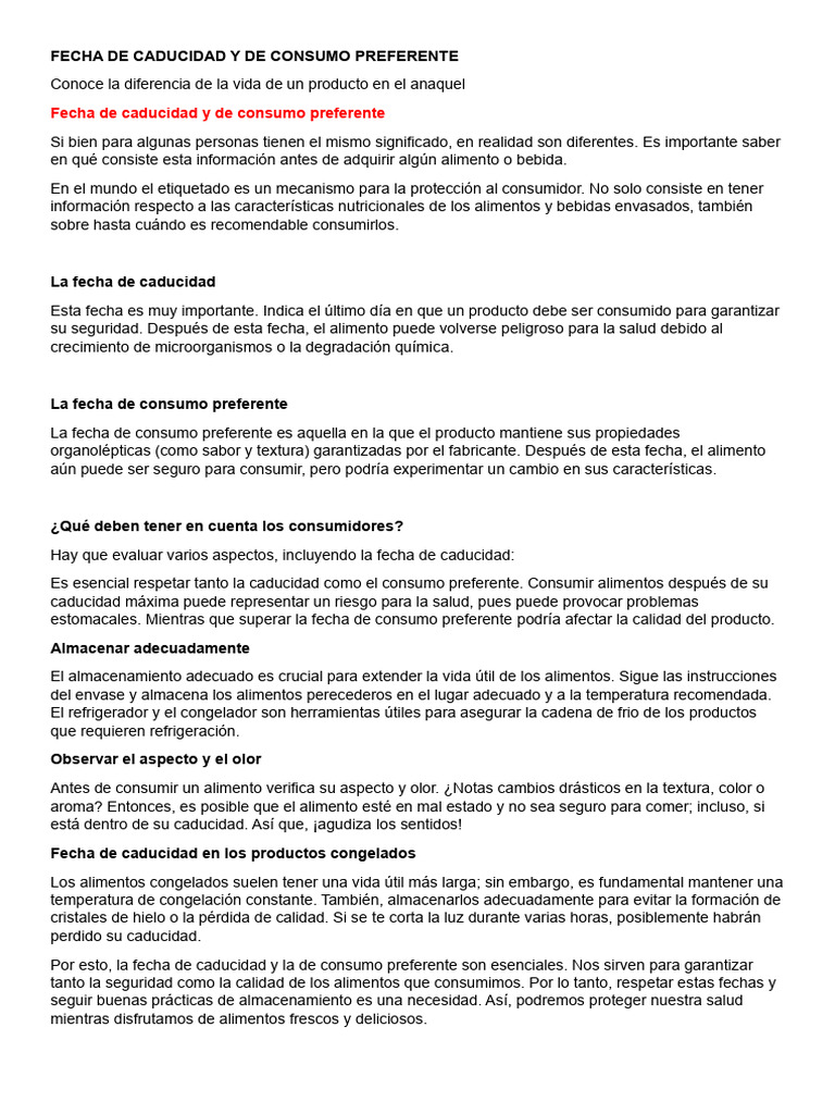 Caducidad y Consumo Preferente en Los Aliementos | PDF | Alimentos | Vino