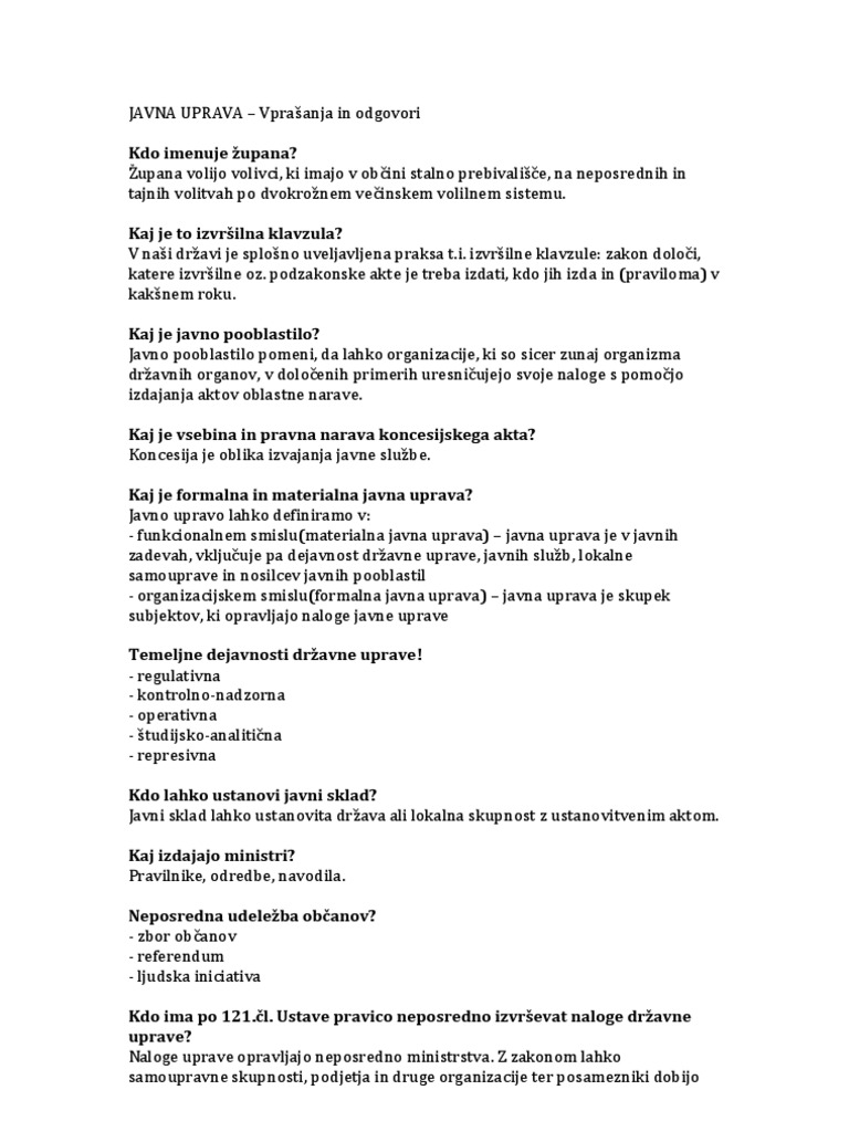 JAVNA UPRAVA - Vprašanja in Odgovori | PDF