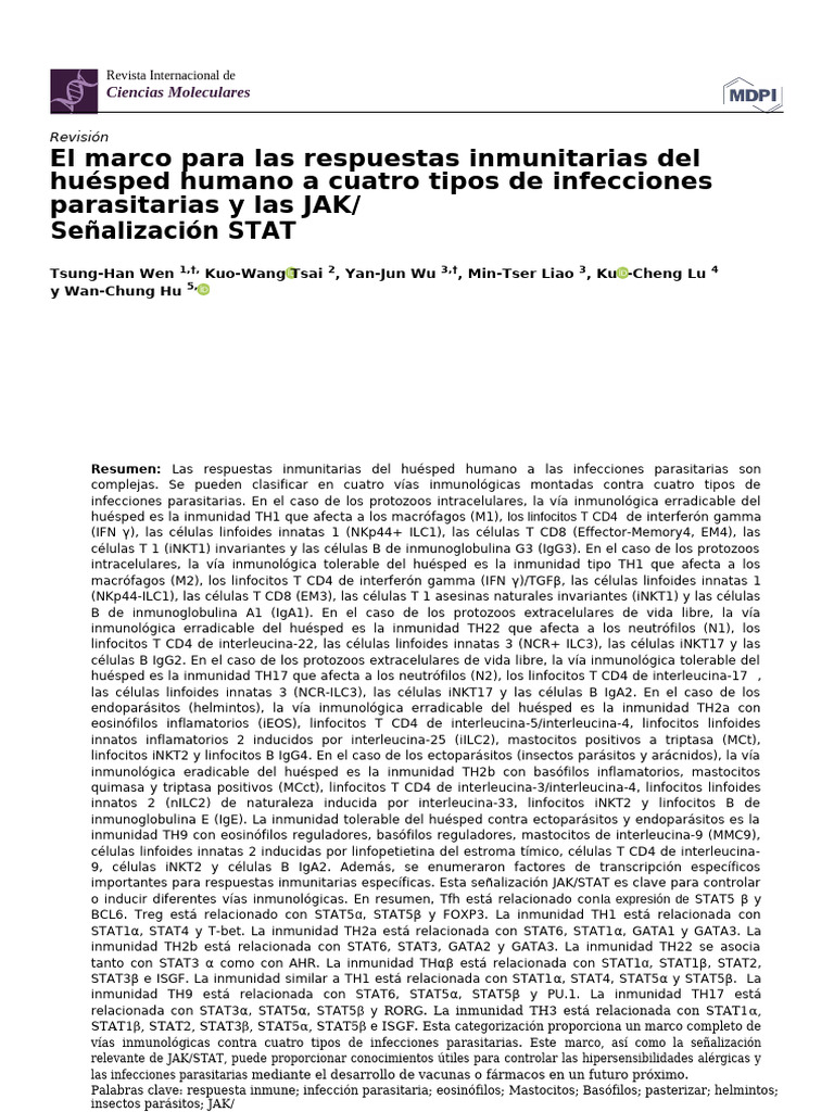 El Marco para Las Respuestas Inmunitarias Del Huésped Humano A Cuatro Tipos de Infecciones ...