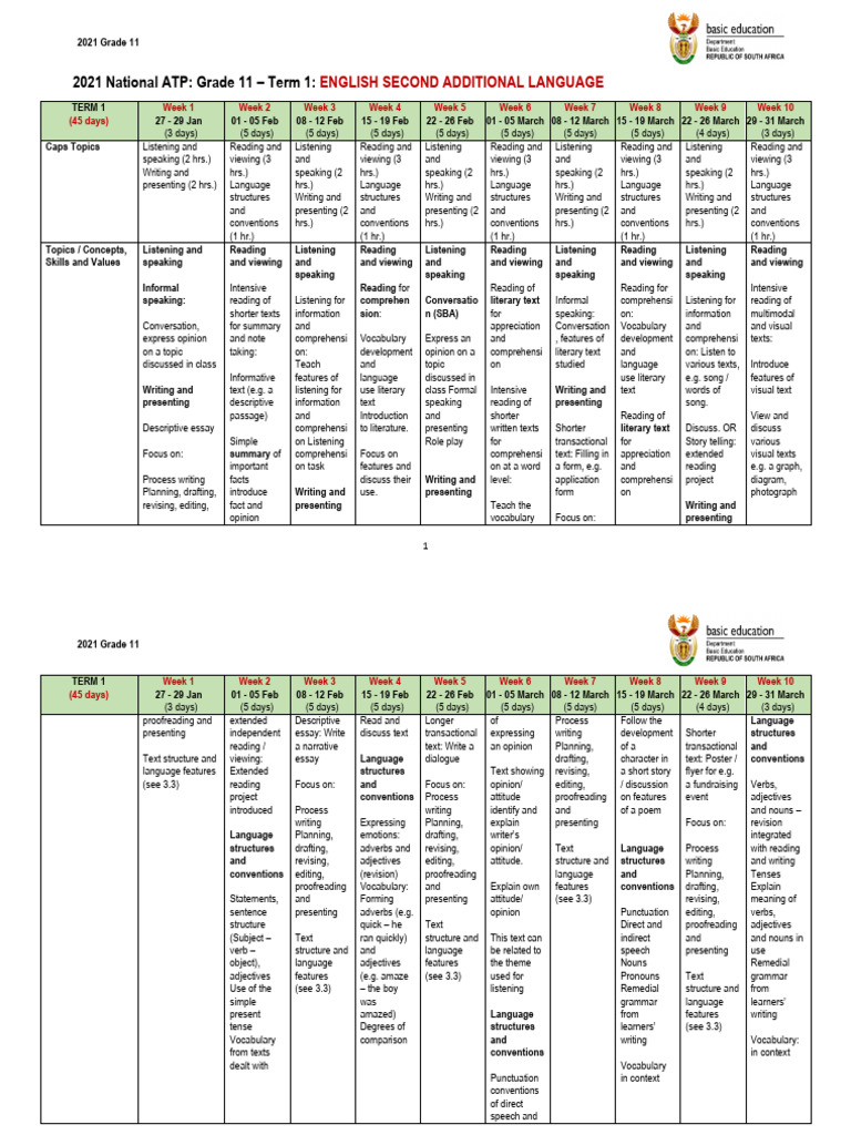 2021 Grade 11 English - Second Additional Language Atp | PDF ...