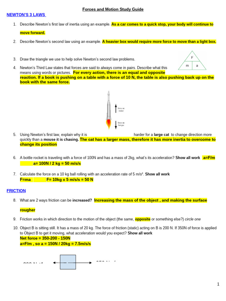 Forces & Motion Study Guide 2024-25 KEY | PDF | Force | Newton's Laws ...