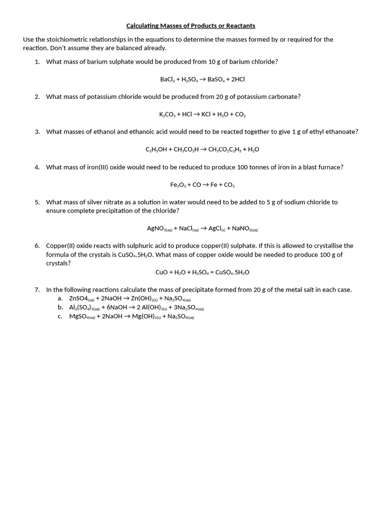 Stoichiometry Mass Calculations Guide | PDF