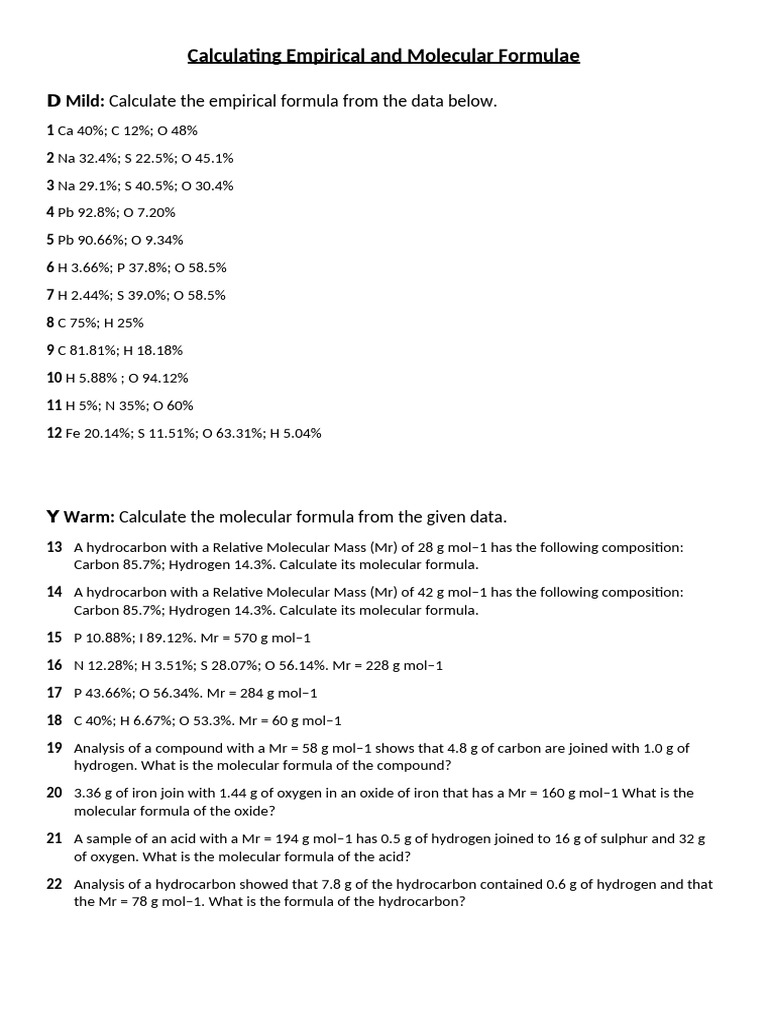 Empirical Molecular Formulae Worksheet | PDF | Oxide | Chlorine