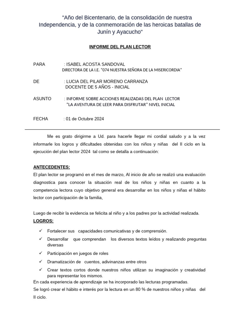 Informe Plan Lector 5 Años | PDF | Educación de la primera infancia | Modificación de comportamiento