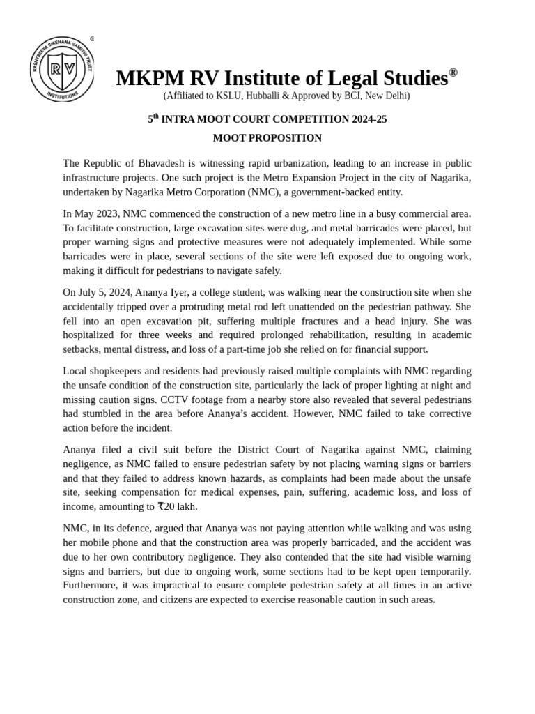 Moot Proposition of 5th Intra Moot Court Competition 2024-25 | PDF | Negligence | Justice