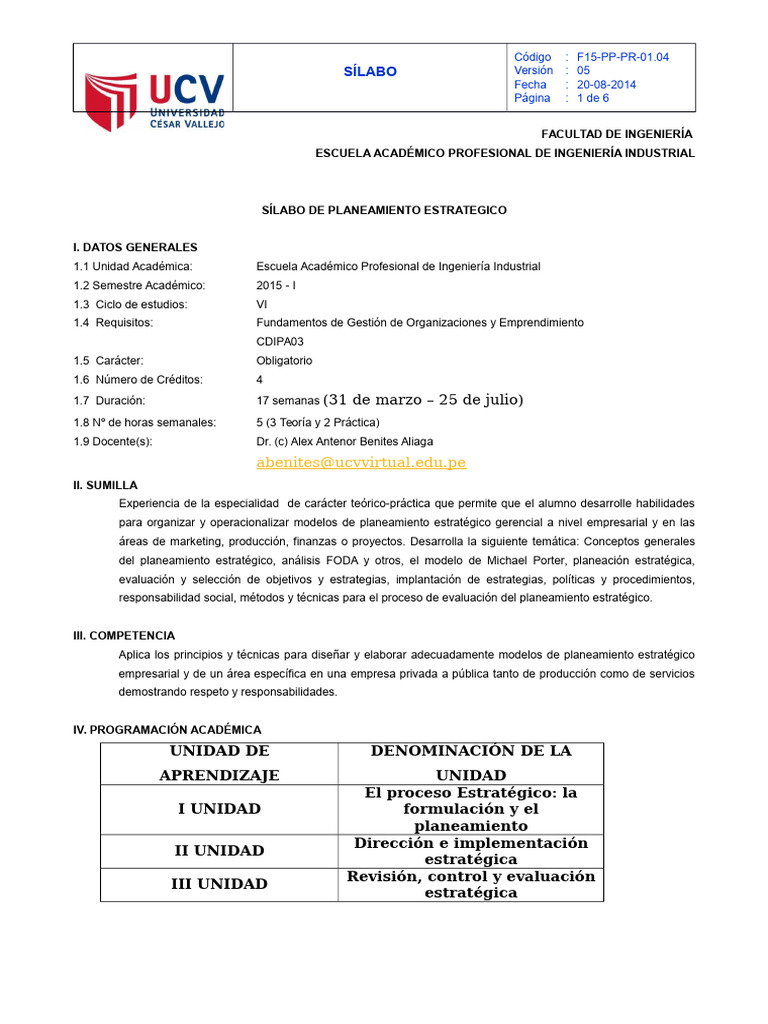 261036816 Silabo de Planeamiento Estrategico Alex Benites | PDF ...