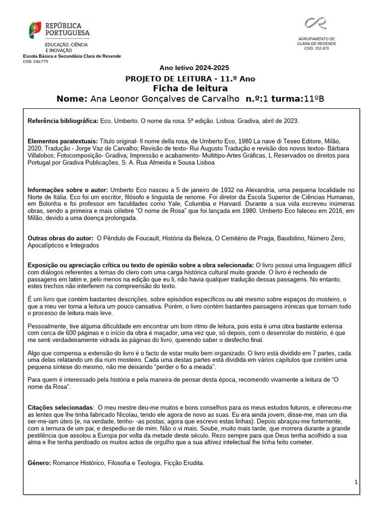 Ficha de Leitura - 11.ÂºB - Ana Leonor | PDF | Livros