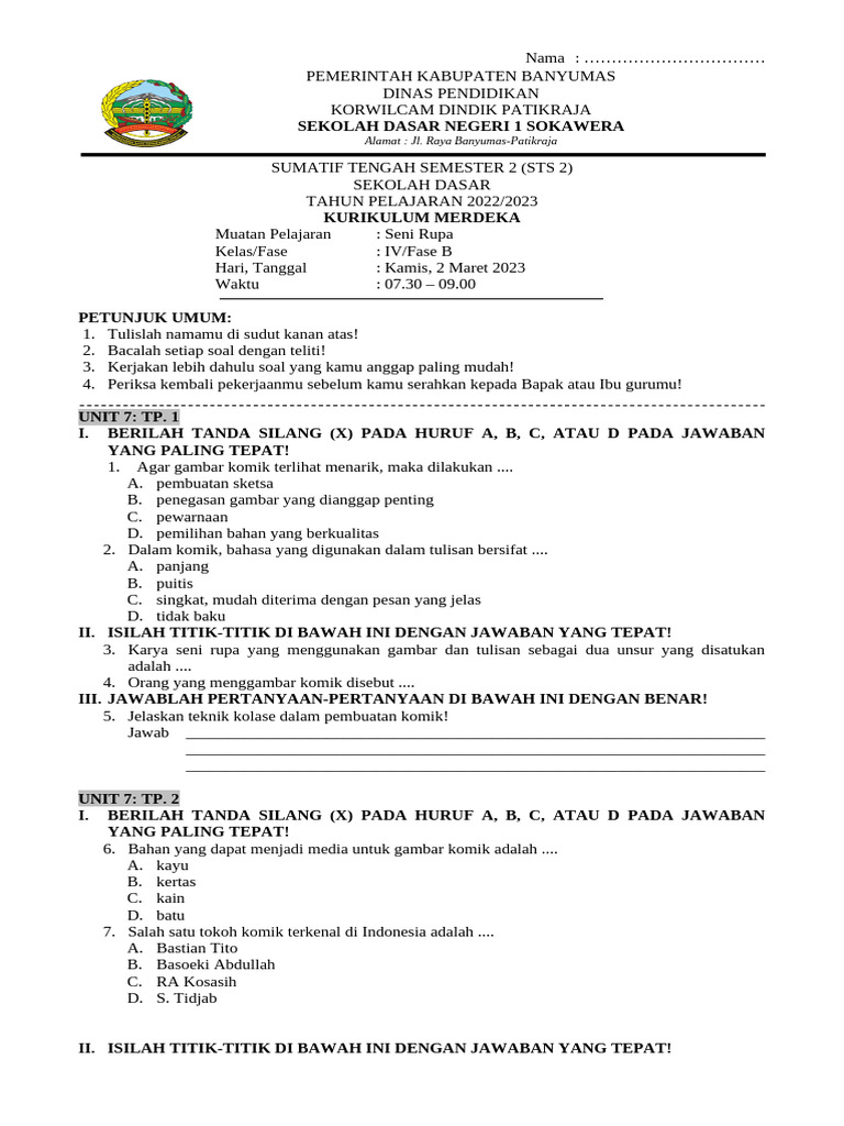 Soal Sts 2 Seni Rupa Kelas 4 Tp. 2022_2023 | PDF