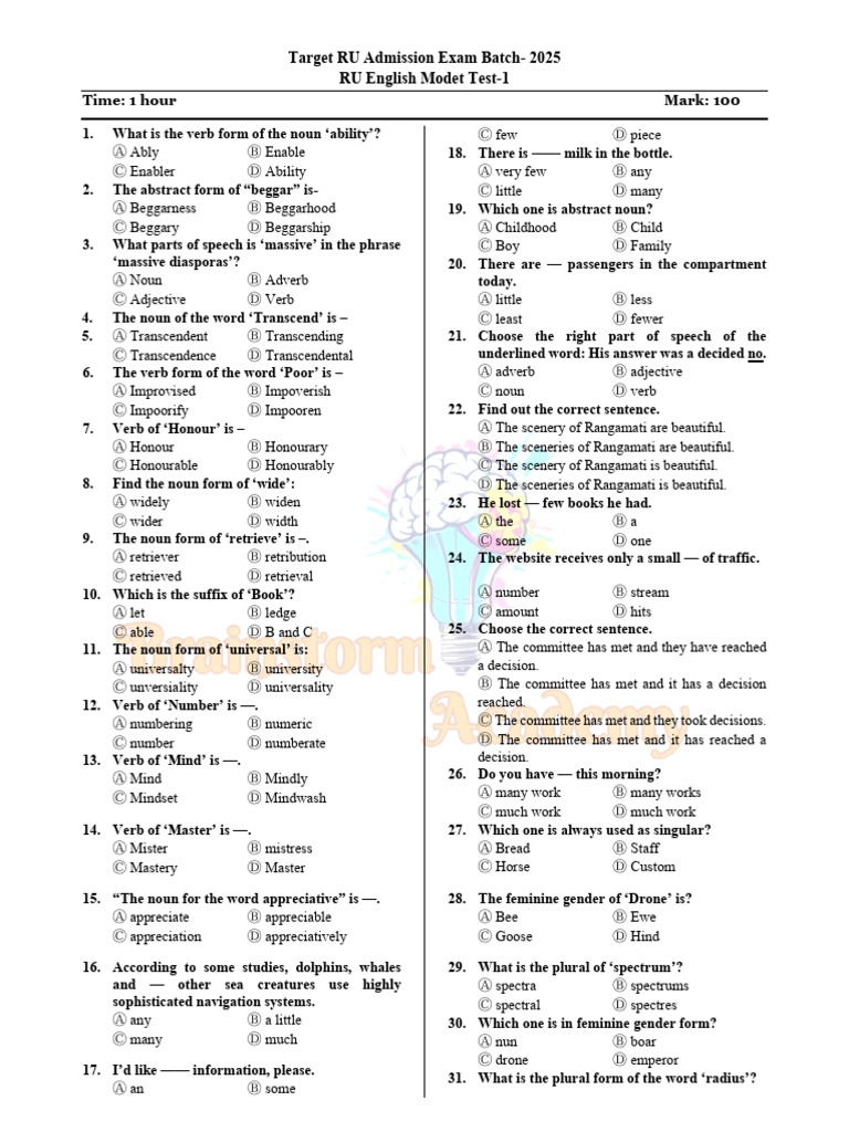 RU English Modet Test-1 2025 | PDF | Part Of Speech | Adjective