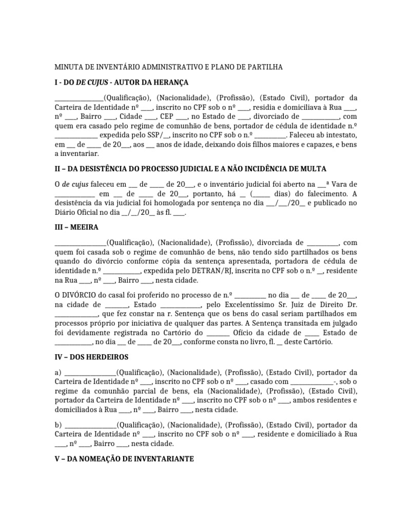 Modelo Minuta de Inventario Administrativo e Plano de Partilha | PDF ...