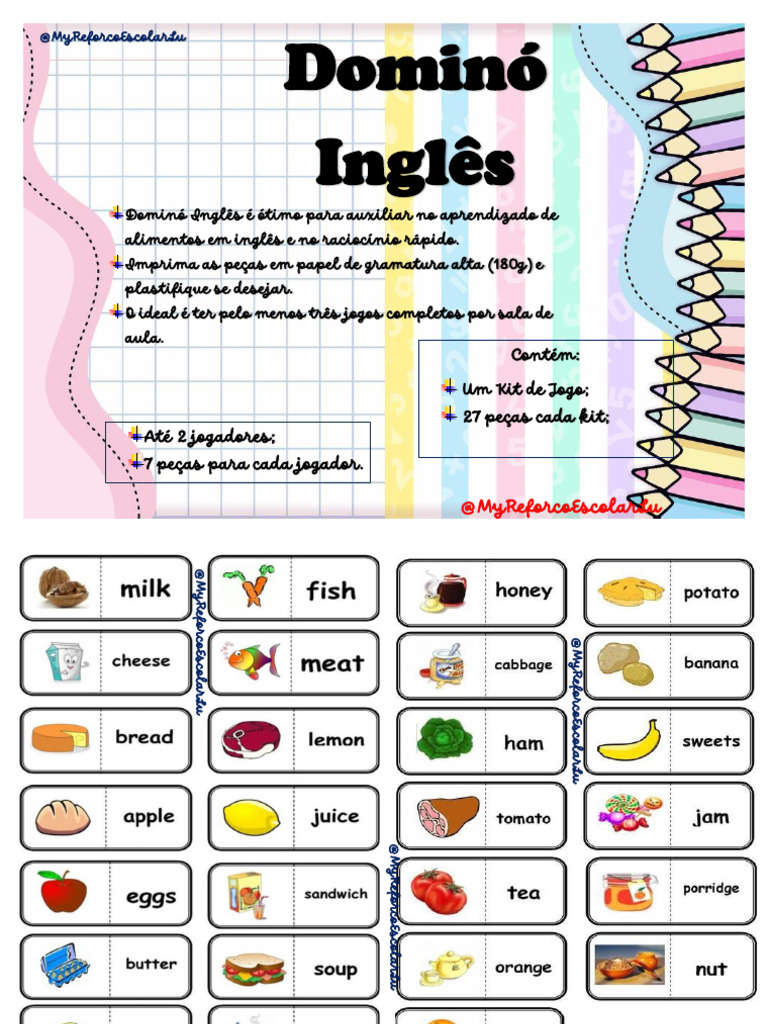 Dominó em Inglês: Aprenda Alimentos Jogando | PDF