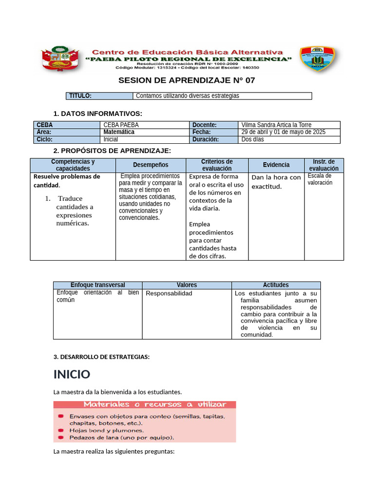 SESION DE APRENDIZAJE MATEMATICA 07 Contamos Utilizando Estrategias | PDF | Aprendizaje | Cognición