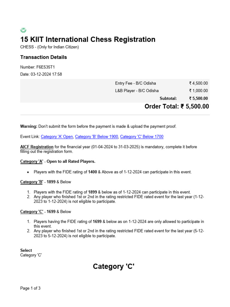 KIIT Chess Tournament 2025 Registration | PDF | Payments