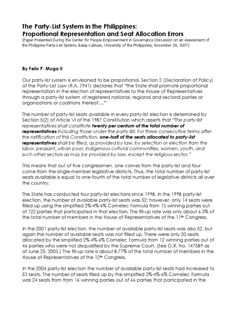 The Party-List System in The Philippines: Proportional Representation ...