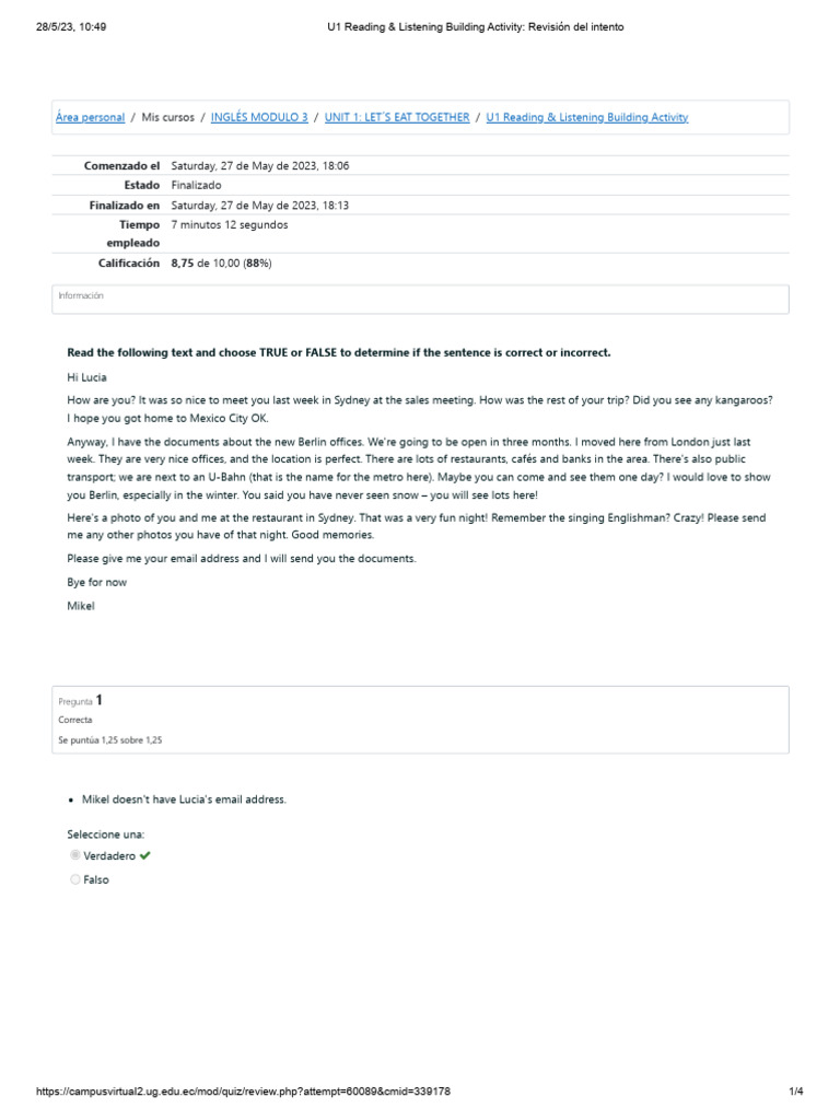 U1 Reading & Listening Building Activity - Revisión Del Intento2 | PDF