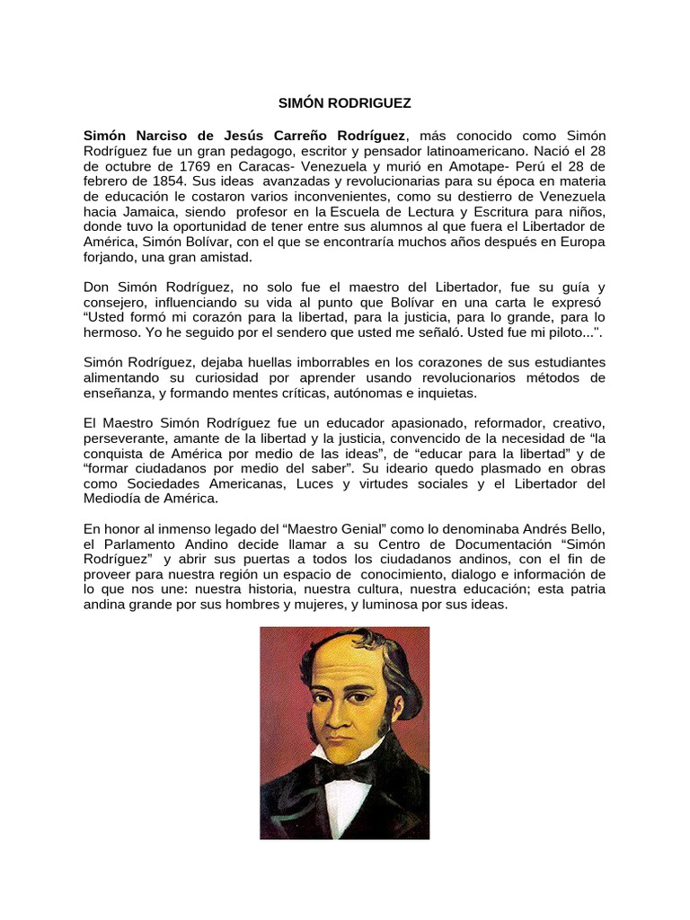 Biografía de Simón Rodríguez para Niños | PDF