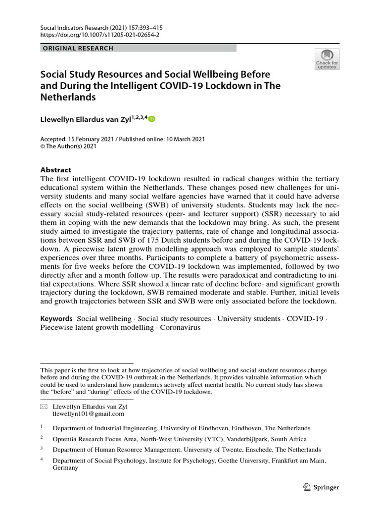 Social Study Resources and Social Wellbeing Before and During The ...