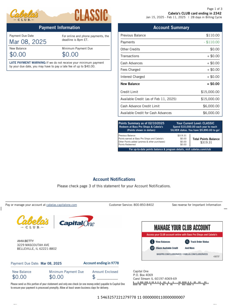 20250210-Cabela's club classic card statement-xxx1 | PDF | Credit Card | Interest