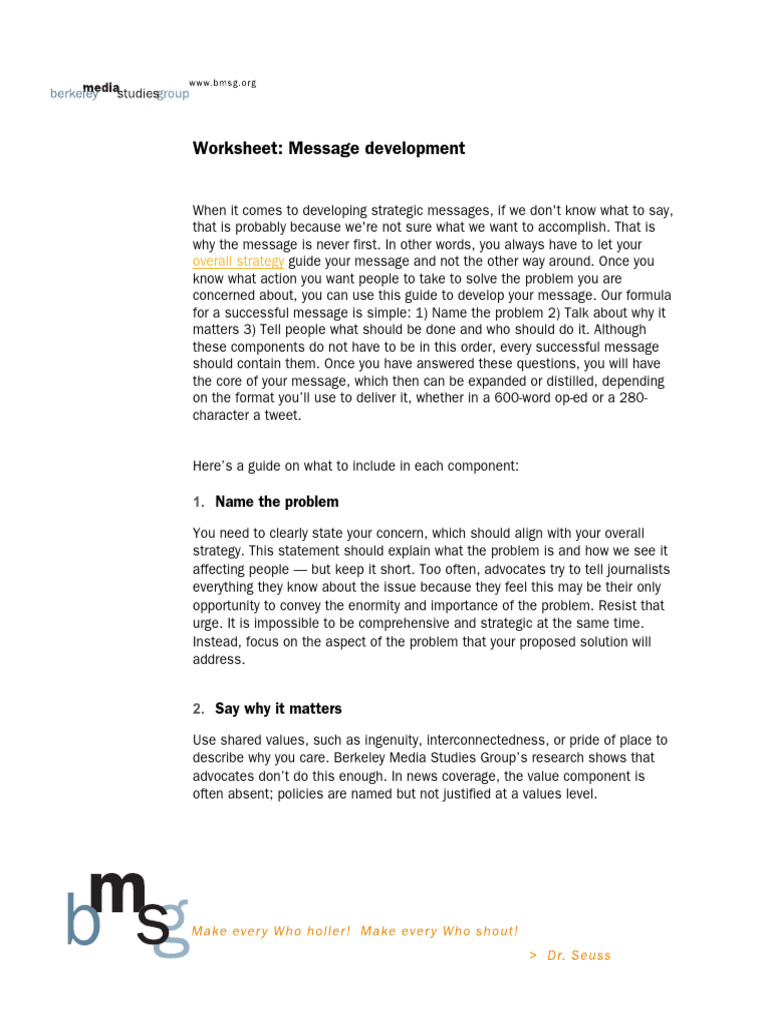 BMSG Message Development Worksheet | PDF