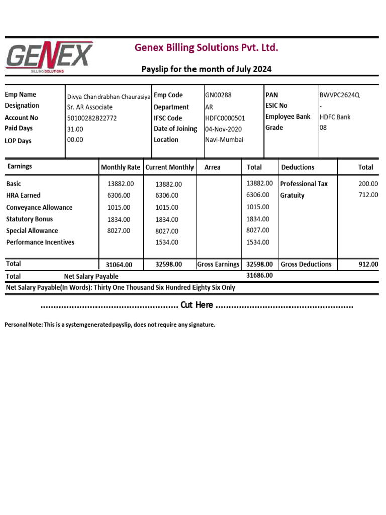 July 2024 Payslip for Sr. AR Associate | PDF