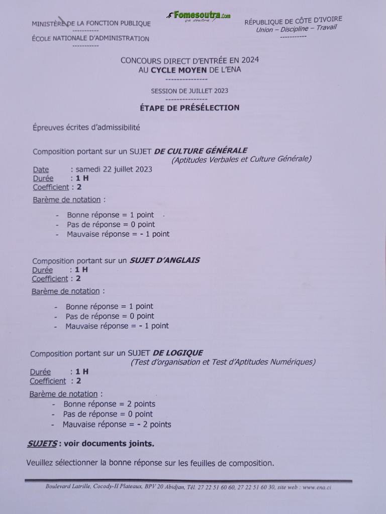 Ena Sujets de Culture Generale, Anglais Et Logique by Tehua | PDF