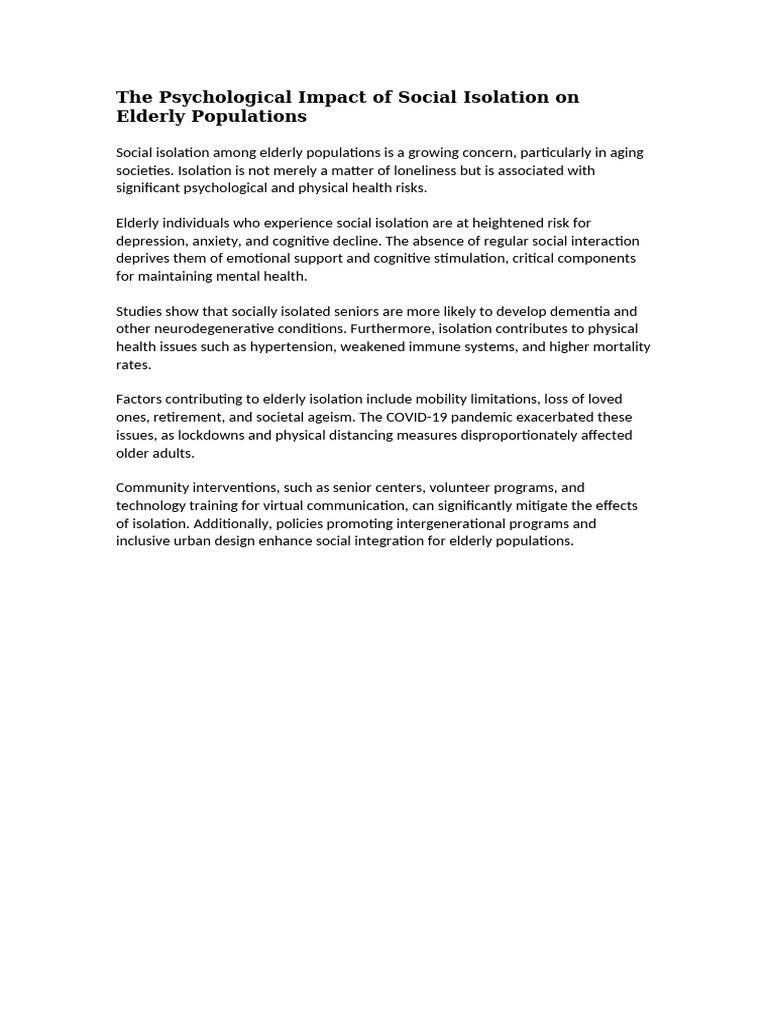 The Psychological Impact of Social Isolation On Elderly Populations | PDF