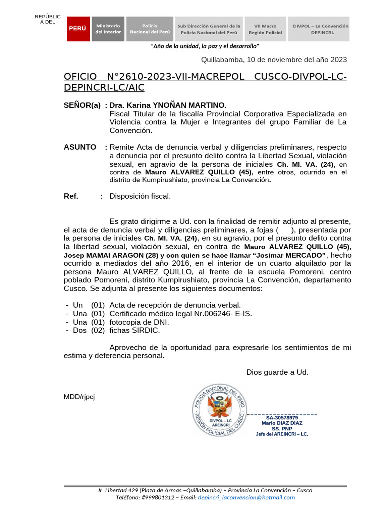 OFICIO REMITE ACTUADOS Fiscalía Especializada | PDF | Mujer | Crimen y violencia