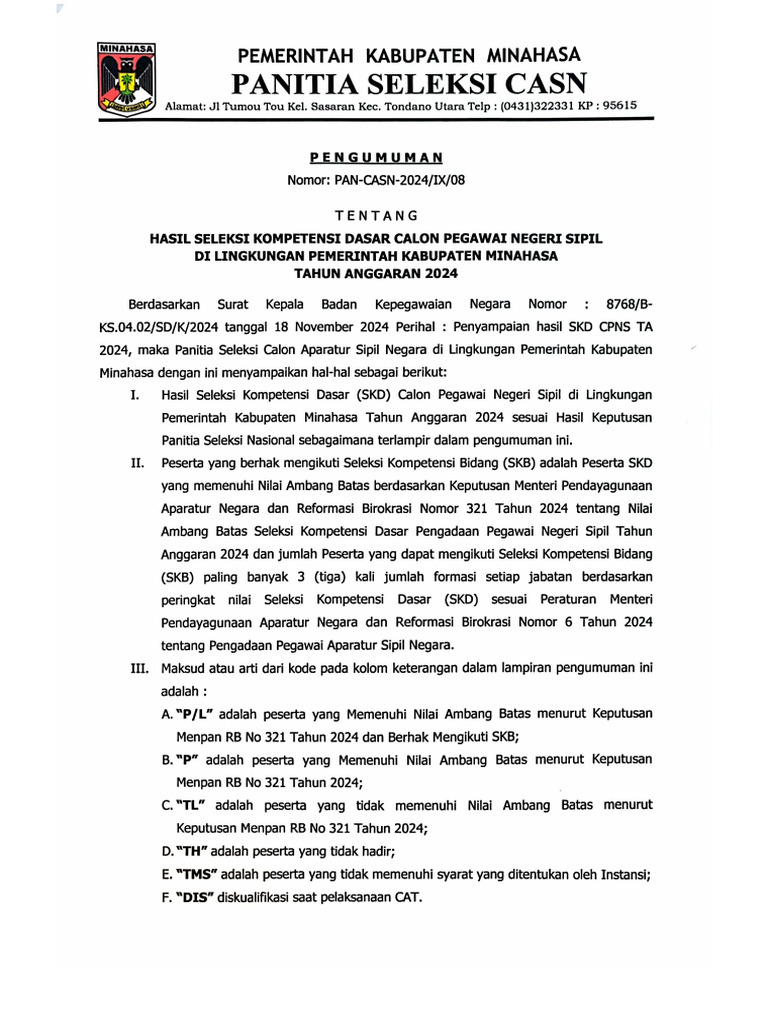 Pengumuman Hasil SKD CPNS 2024 | PDF