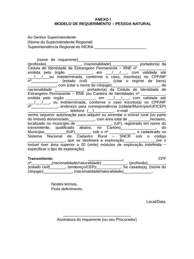 Requerimento para Aquisição de Imóvel Rural | PDF