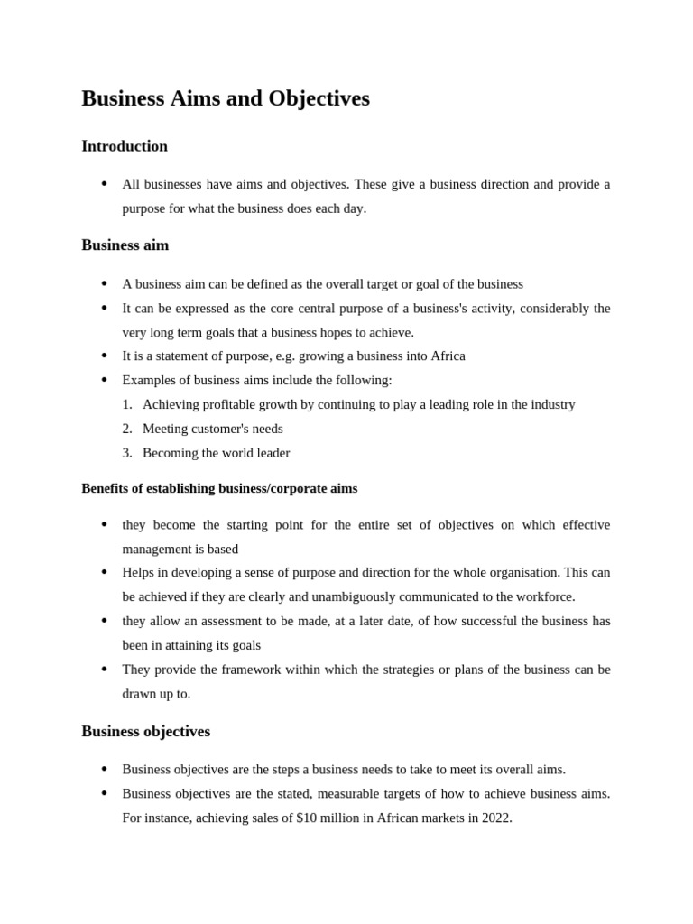 Business Aims and Objectives Explained | PDF | Goal | Corporate Social ...