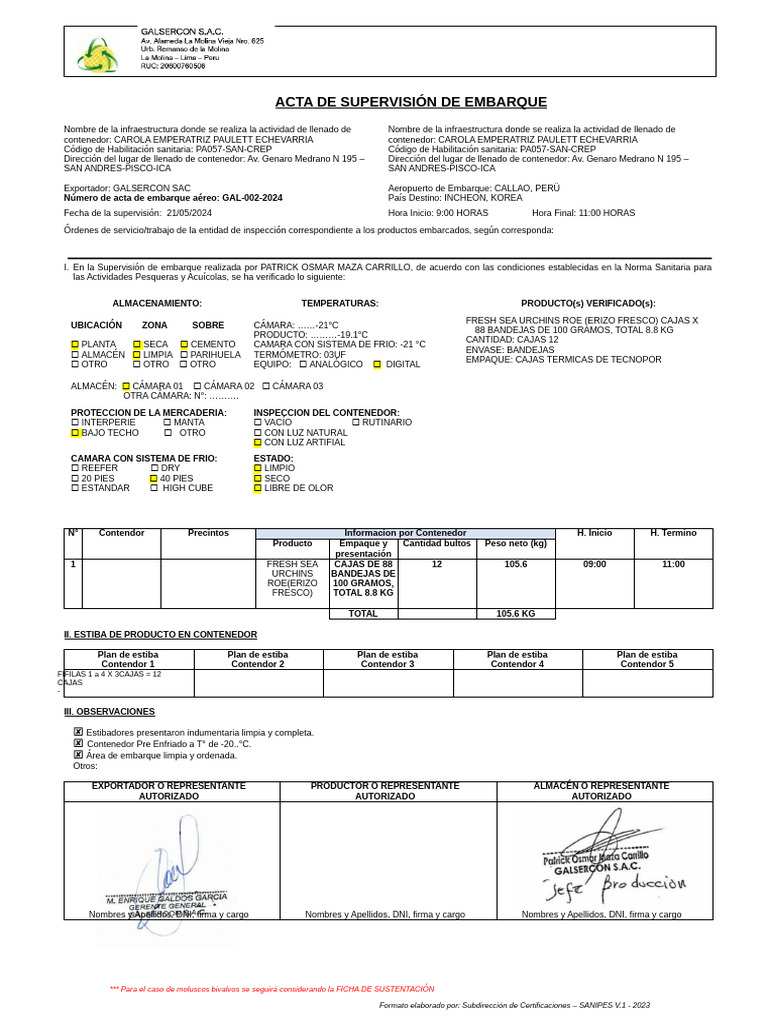(P, M.) 21-5 - Acta de Embarque Aereo Erizos Frescos | PDF
