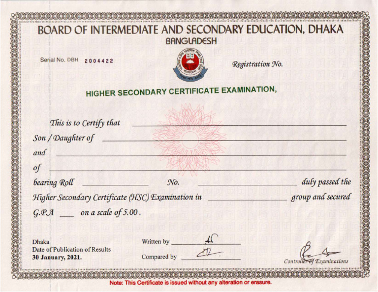 Blank Hsc Certificate | PDF