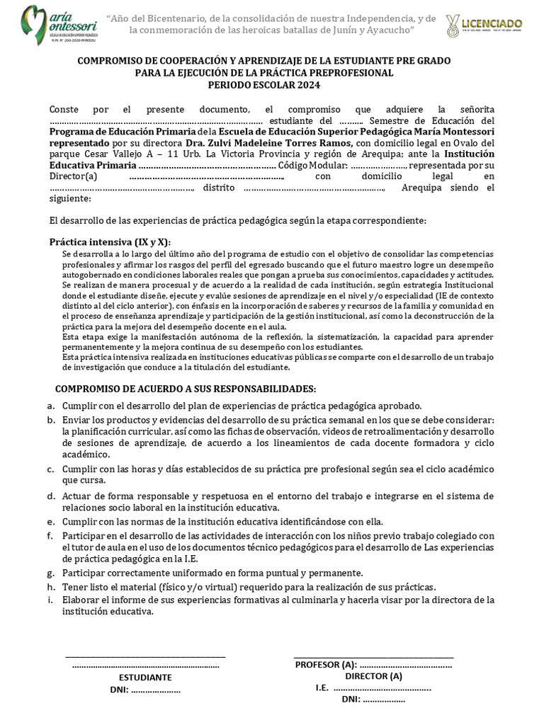 Compromiso de Práctica Preprofesional 2024 | PDF | Aprendizaje | Maestros