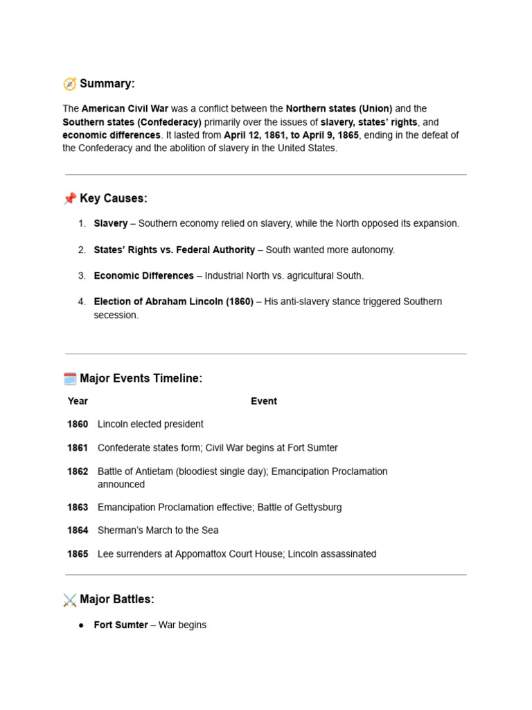 American Civil War Notes and Summary | PDF