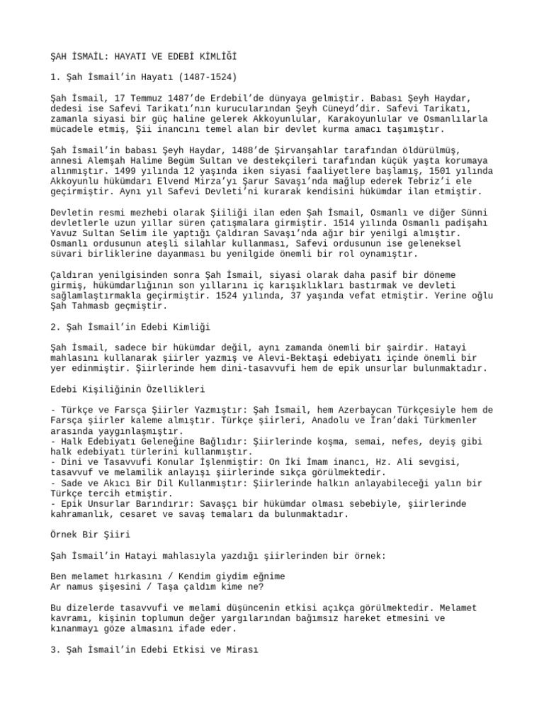 Sah Ismail Hayati Ve Edebi Kimligi | PDF