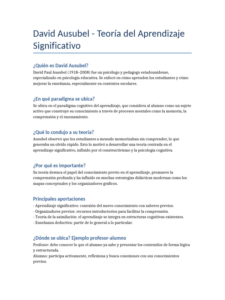 David Ausubel Teoria Aprendizaje Significativo | PDF