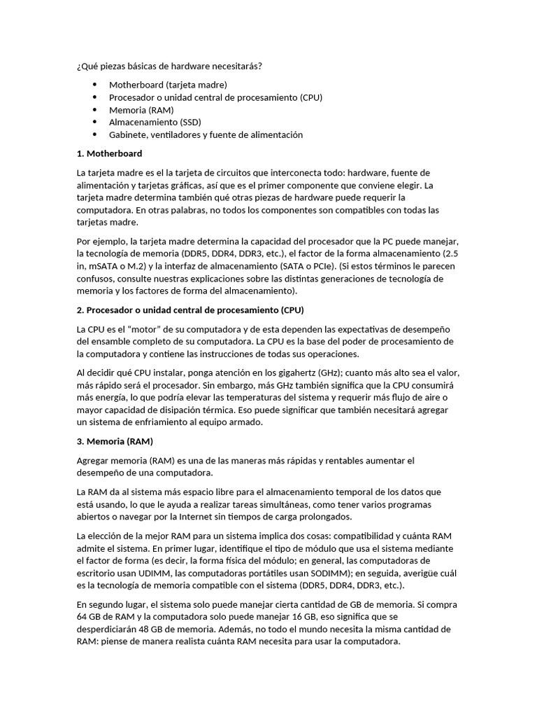 Qué Piezas Básicas de Hardware Necesitarás | PDF | Memoria de acceso ...