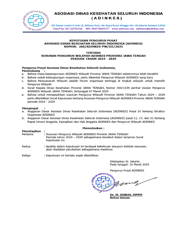 SK Pengurus Wilayah Adinkes Jawa Tengah 2024 - 2029 | PDF